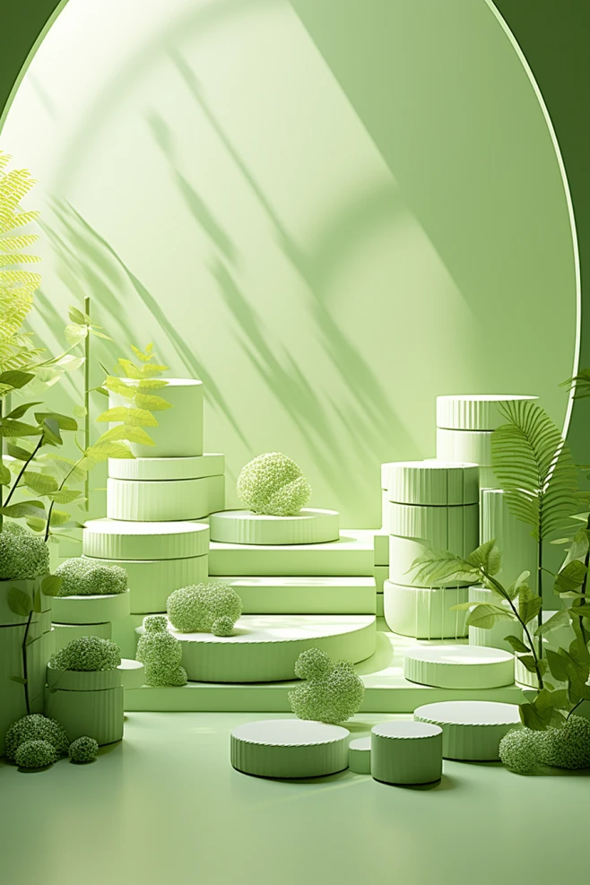 3d visualization green objects and plants on a table, in the style of ...