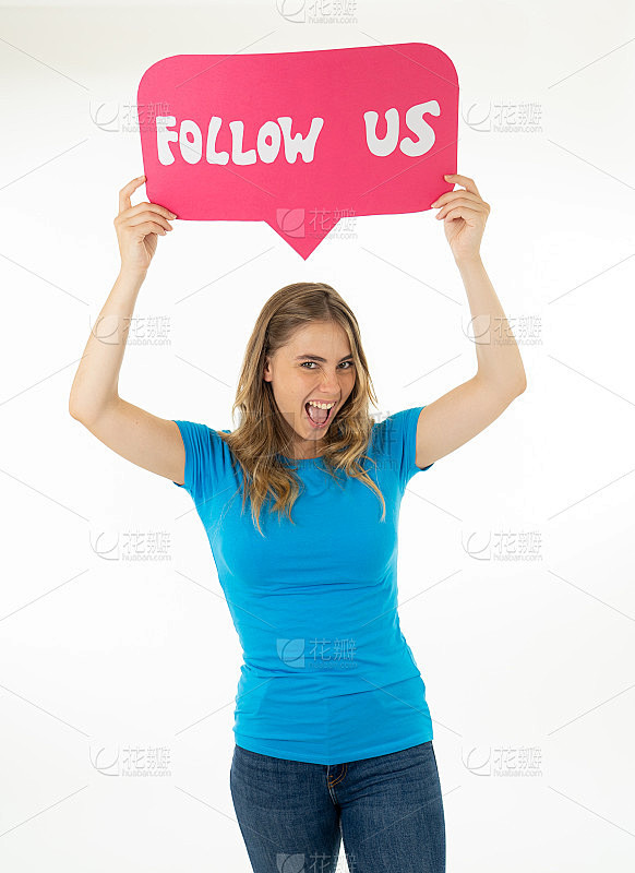 Attractive young woman holding Follow us social me