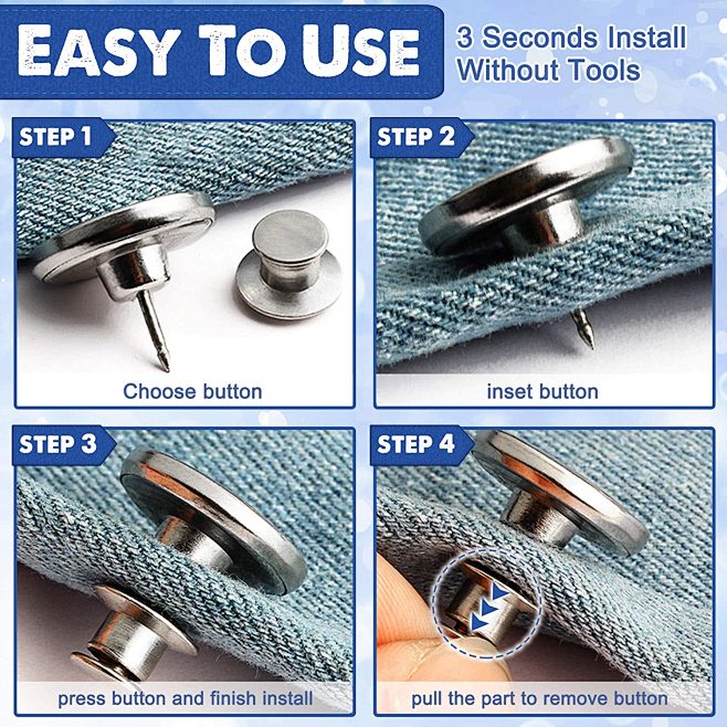 Replacement Jean Button Kits Metal Copper Tack Buttons No Sew Removable ...