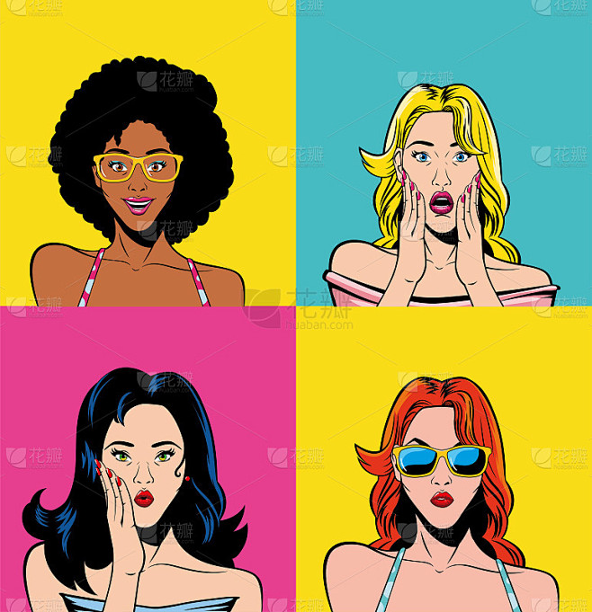 retro women cartoons inside frames vector design