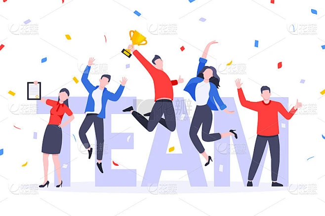 快乐企业员工团队优胜者颁奖典礼平面风格设计矢量插图。素材-花瓣网