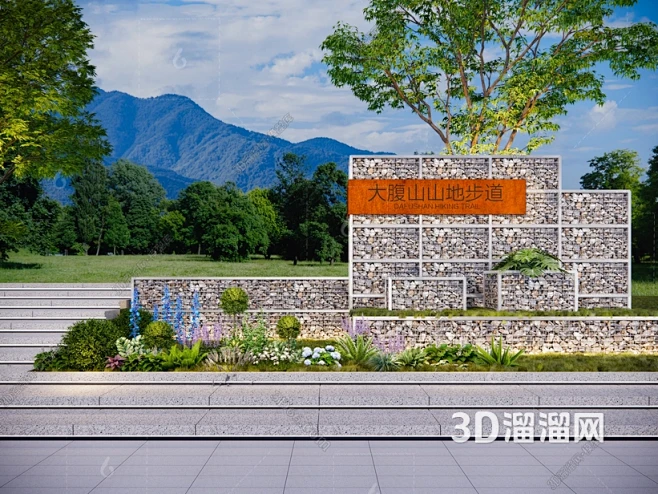 现代景区公园入口大门logo景墙 山地步道入口标识导视指示牌 石笼景墙