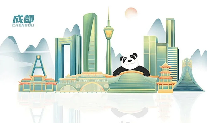 中国成都城市国风插画 -花瓣网