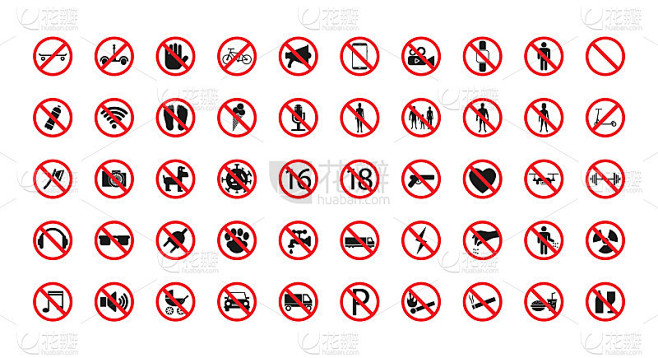 Set of prohibitive signs. Black signs in a red cir