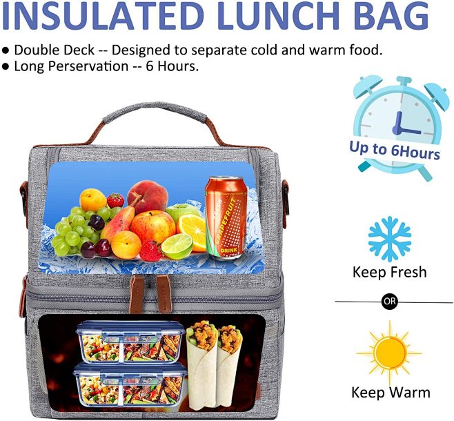 Amazon.com: LOKASS Lunch Bag Double Deck Insulated Lunch Box Large ...
