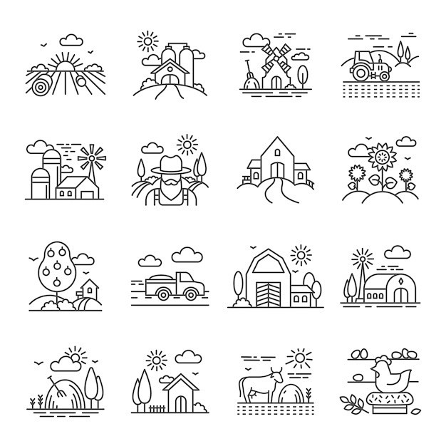 用田野、谷仓和机械将农村和农场景观划线。 农业行业图标。 农业建筑、收获、农田矢量集 Premium Vector