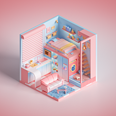 C4D-2.5D房间 小场景-花瓣网|陪你做生活的设计师 | 剖面房间卧室厨房3D小房间模型 (16)