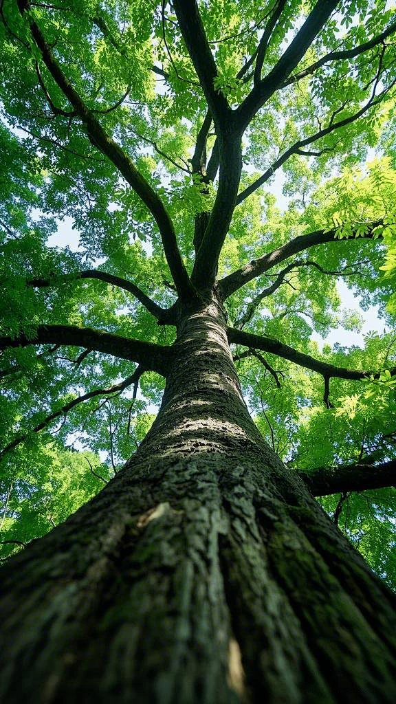 仰视图，从下往上看去，围绕一圈的绿色的巨大的树的绿色的树叶像一片绿色的海洋，阳光从树叶缝隙中倾泻而入，满眼鲜绿，超微距，细节描写，真实，极致 ...