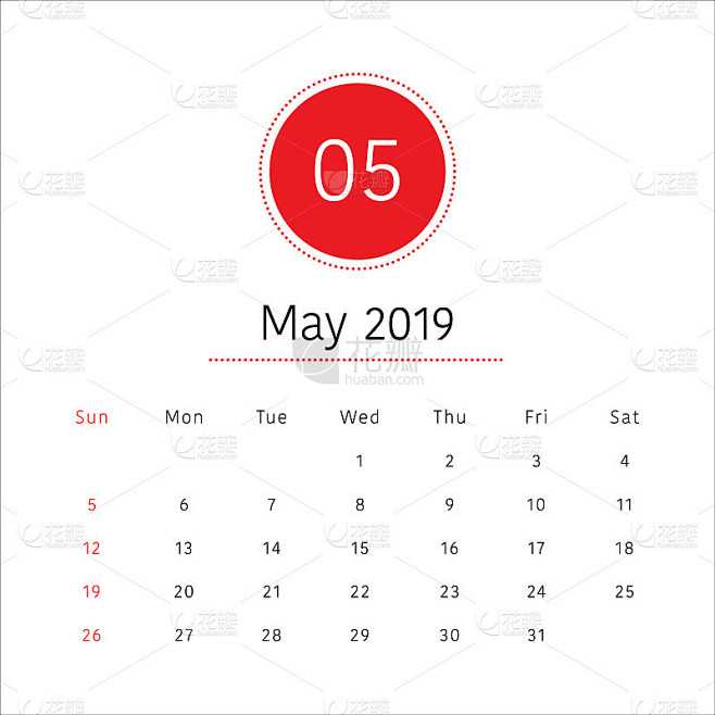 2019年5月台历矢量插图