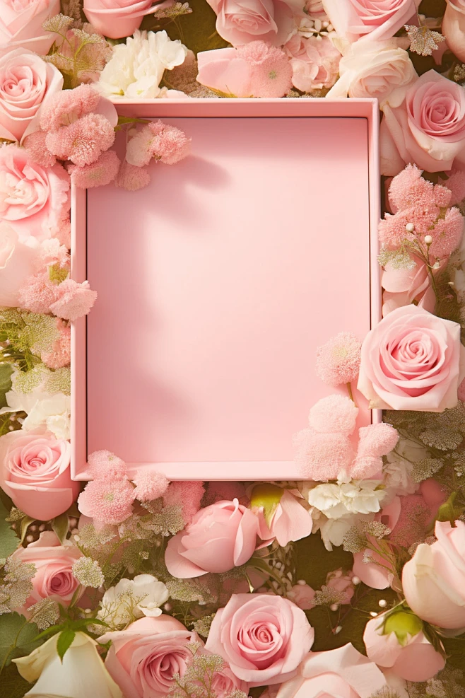a pink box surrounded by fresh roses and green leaves, in the style of ...