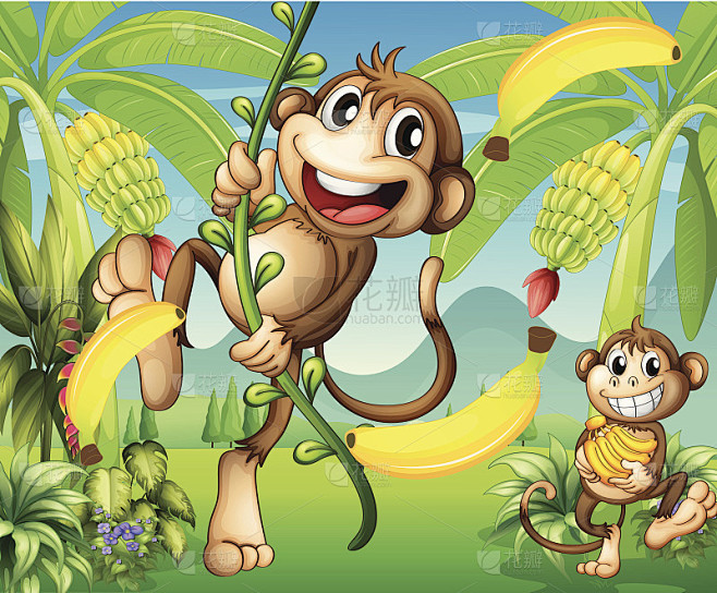 两只猴子在香蕉树附近