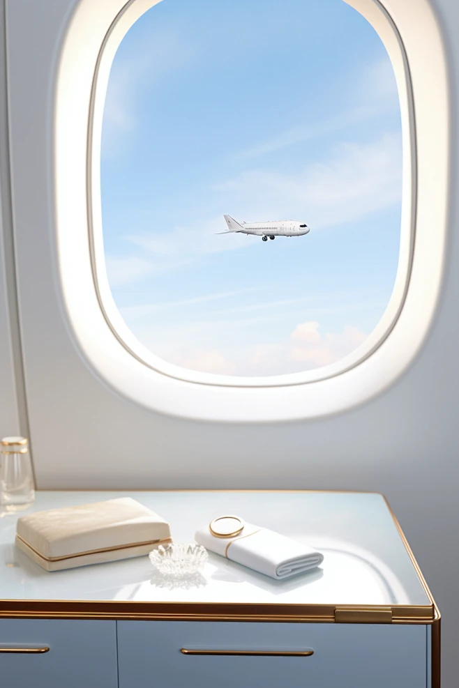 an airplane window with a mirror in front and a jewelry box on the ...