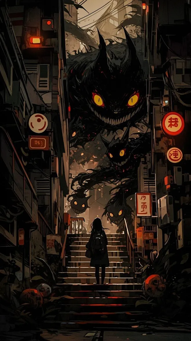 This may contain: a person walking up some stairs with an evil face on ...