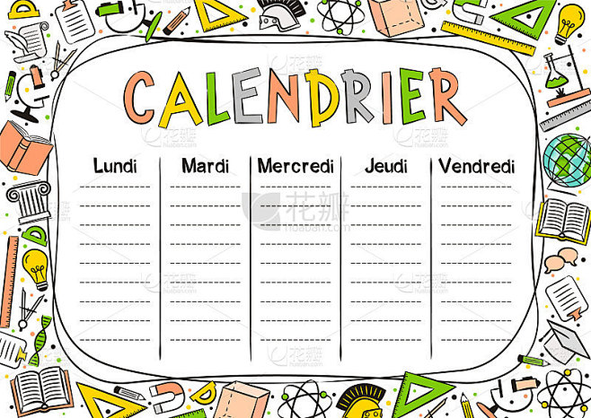 French Kids Template of a school schedule for 5 da