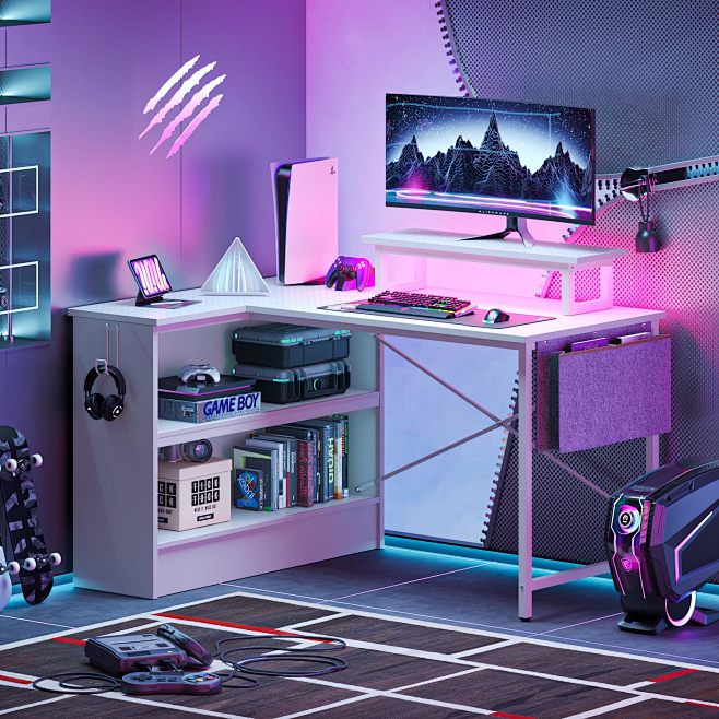 Amazon.com: Bestier Small L Shaped Gaming Desk with LED Lights, 42 Inch ...