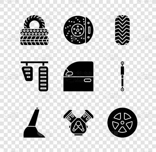 设置汽车轮胎，刹车盘与卡钳，手刹，发动机，车轮，油门和门图标。向量素材-花瓣网
