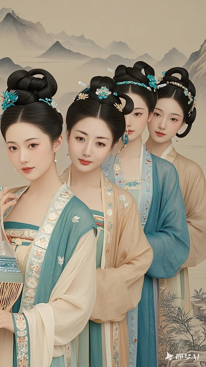 一个中国古装美女半身照，从上向下排成4个，背景水墨山水。正面照，高清图。(22)-花瓣网