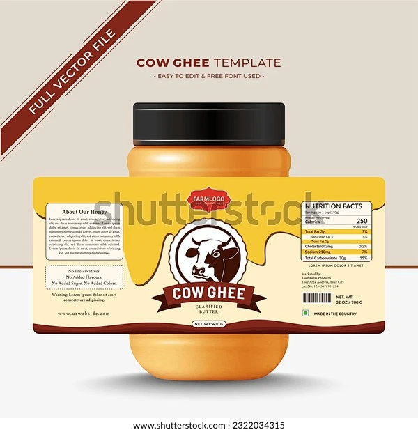 Cow ghee sticker label and design, cow head premium quality butter ...