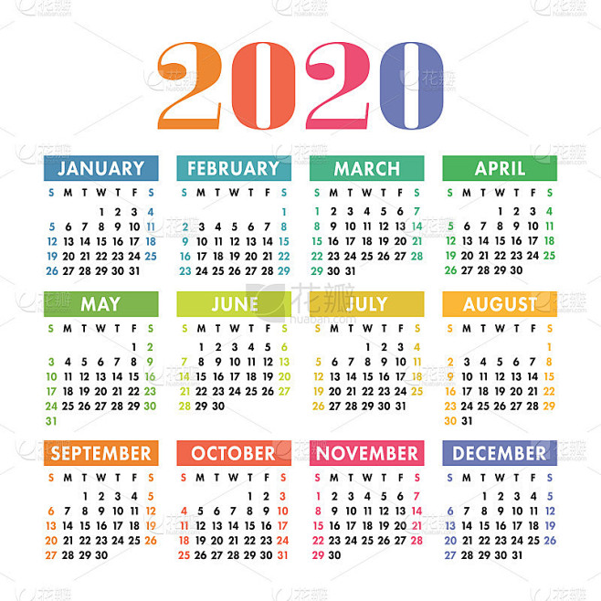 English calendar 2020 year. Vector square calender
