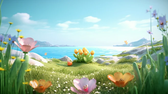 Spring ，flower ， sea ，wide-angle ，3d rendering ，Unreal Engine ，octane ...