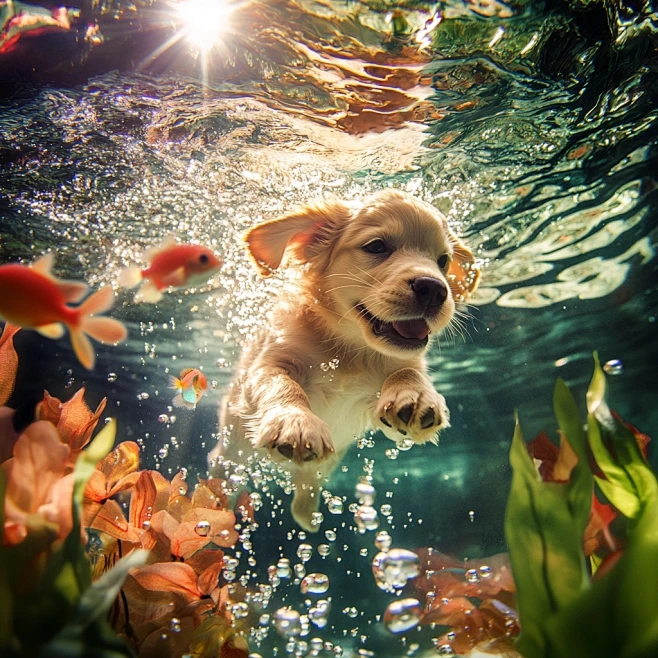 A playful Golden Retriever puppy swimming underwater, surrounded by ...