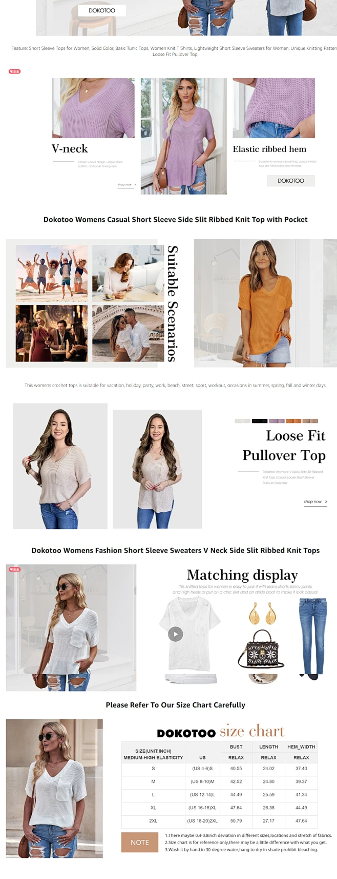 Dokotoo Womens Summer Tops Basic Loose Short Sleeve Side Slit Ribbed ...