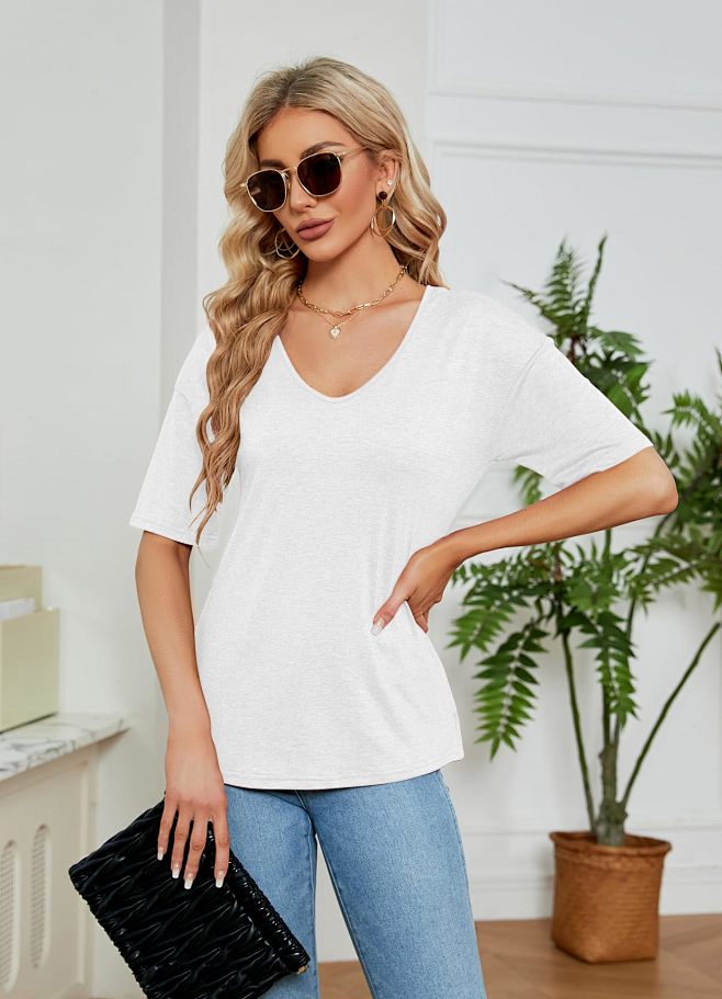 Amazon.com: Sherosa 女式 T 恤 V 领半袖宽松衬衫休闲纯色基本款上衣, 薄荷色 : 服装、鞋靴和珠宝饰品