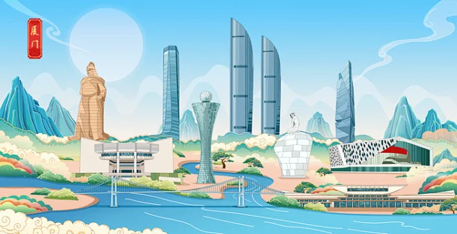 厦门国潮城市地标建筑手绘插画-花瓣网