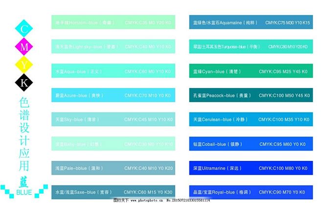 CMYK,色值表,蓝色,各种蓝色值,蓝色对比,色谱应用,设计常用色-花瓣网