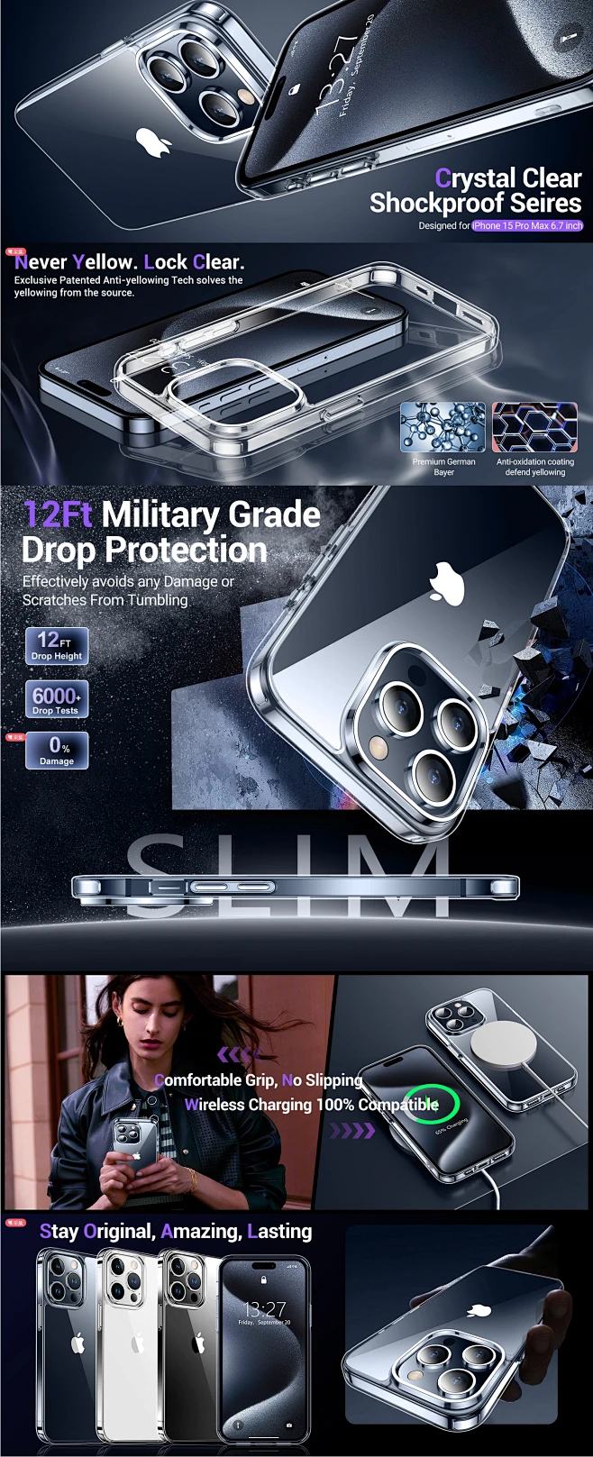 Amazon.com: Temdan Designed for iPhone 15 Pro Max Case Clear, [Non ...