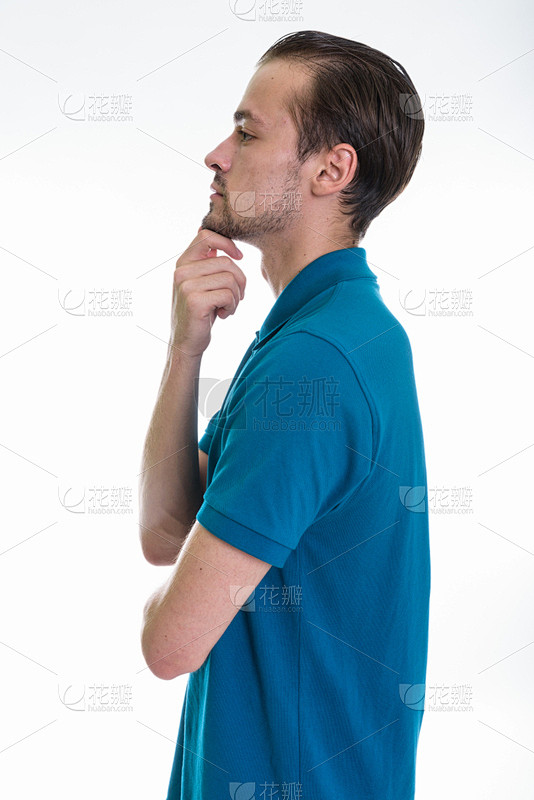 侧面像,络腮胡子,白色背景,青年人,男人,手托下巴,灵感,半身像,小胡子,白人