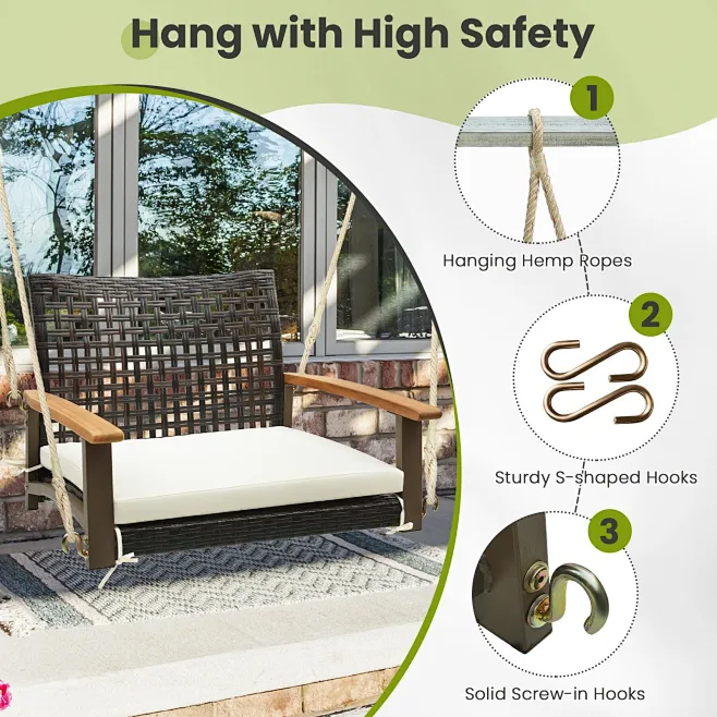 Amazon.com: HAPPYGRILL Rattan Porch Swing, Patio Wicker Single Hanging ...