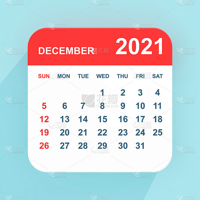 扁平图标日历2021年12月。三维渲染