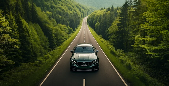 lei5471_A_black_Mercedes_C_class_driving_down_the_road_with_gre ...
