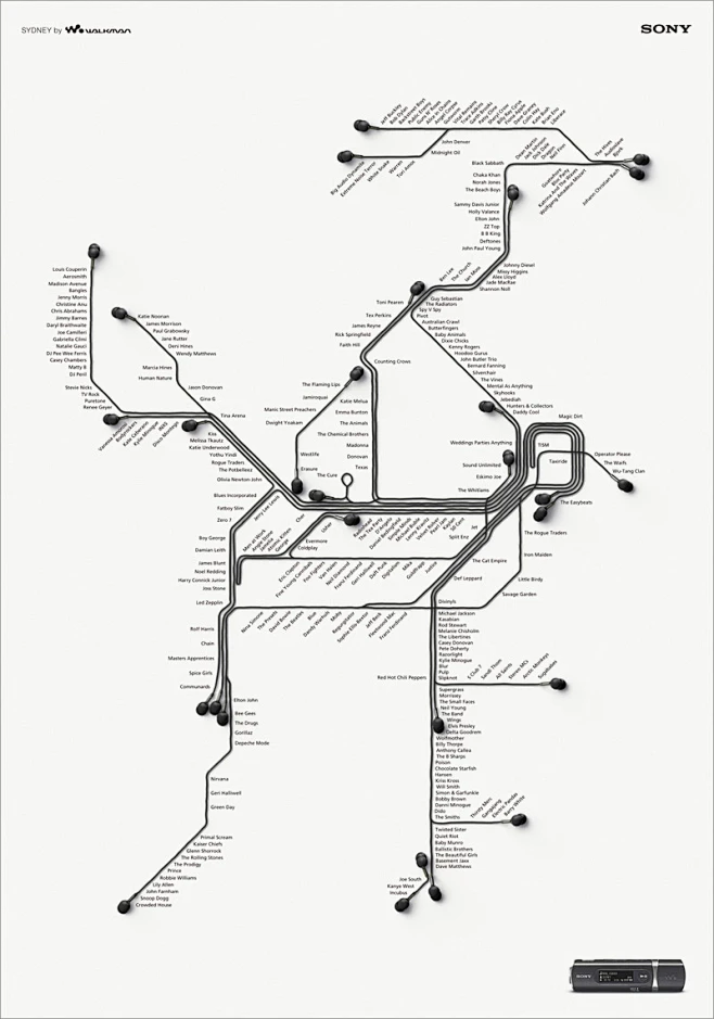 sony的新广告，用耳麦组成的地铁图。walkman+地铁=都市生活符号。-花瓣网