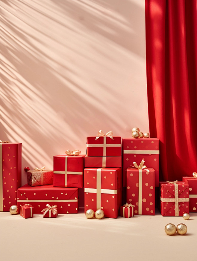 Gifts with red boxes and gold foil on a shelf, in the style of ...
