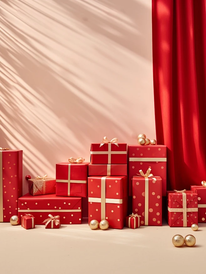 Gifts with red boxes and gold foil on a shelf, in the style of ...