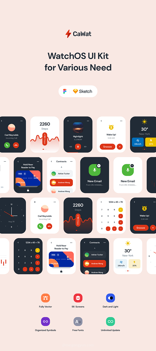 苹果智能手表UI界面设计素材 CaWat WatchOS UI Kit : -花瓣网