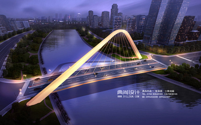 1b锦言大桥鸟瞰 夜景 桥梁效果图设计