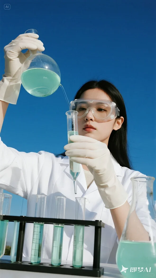 jimeng-2025-07-07-8361-主体内容：展示一位年轻女性正在操作装有浅绿色液体的实验仪器，突出科研场景。 场景-花瓣网