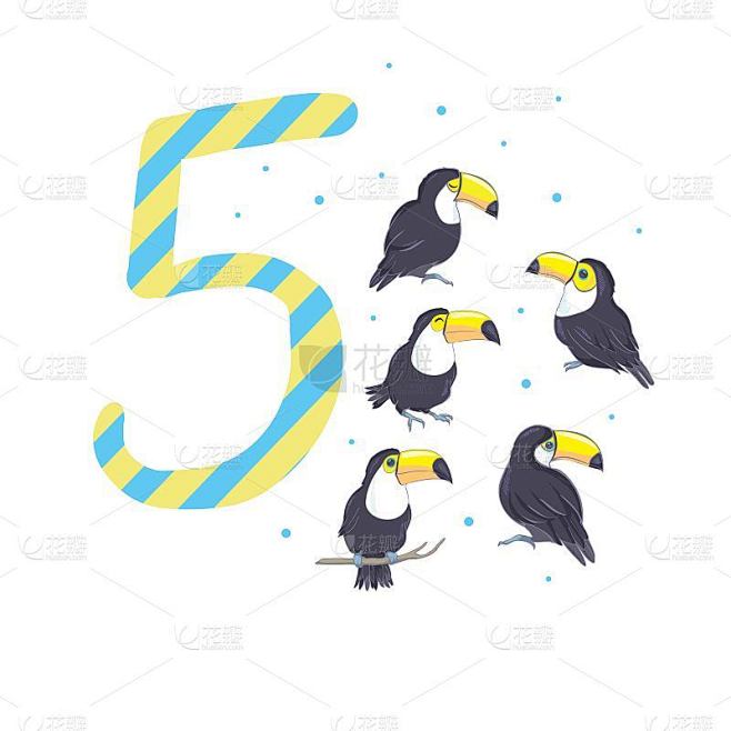 cartoon illustration with number five and toucans
