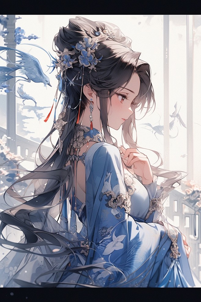 蓝色系古风插画