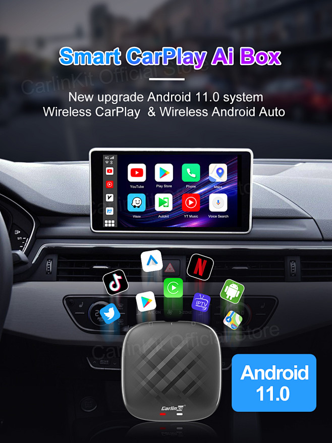 CarlinKit 4.0 Android 11 无线车载单元 AI 无线 Apple CarPlay 适配器适用于丰田菲亚特奥迪保时捷起亚 ...