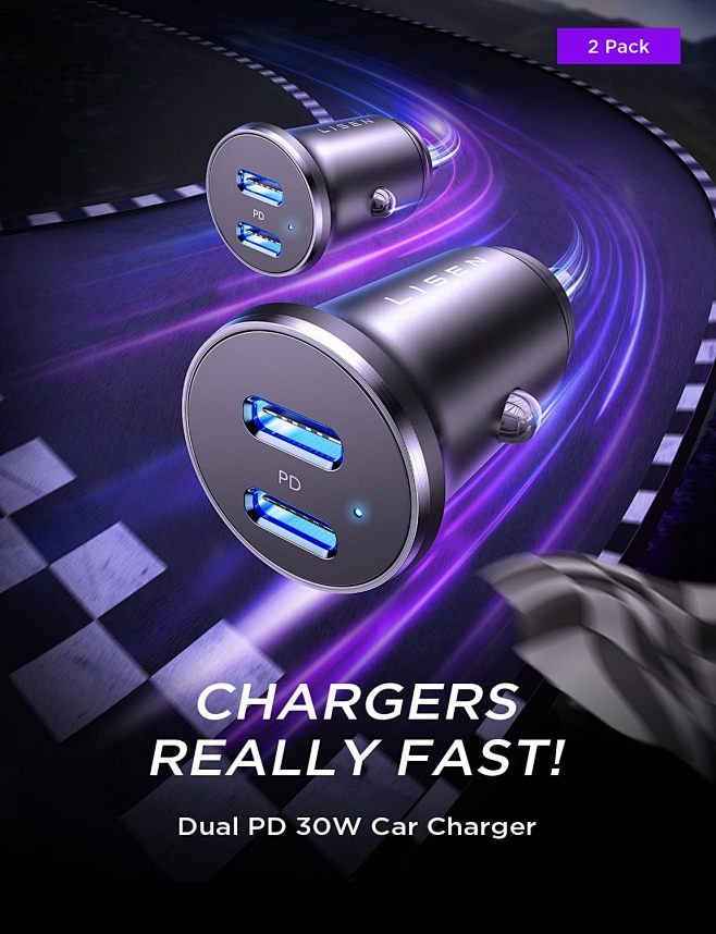 Amazon.com: LISEN 2-Pack 30W+30W Dual USB C Car Charger, All Metal Type C Car Charger Fast ...