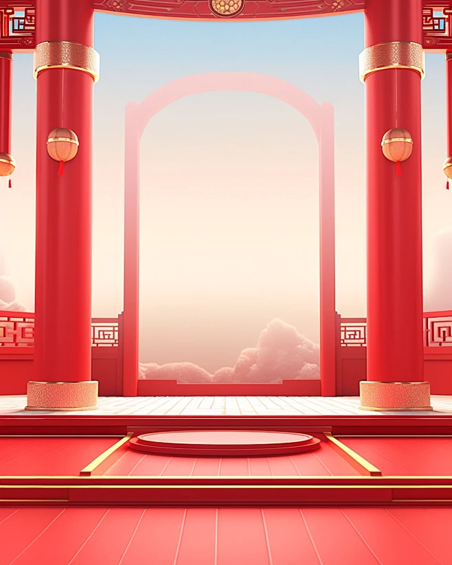 Red floor background with golden frame and chinese temple, in the style ...