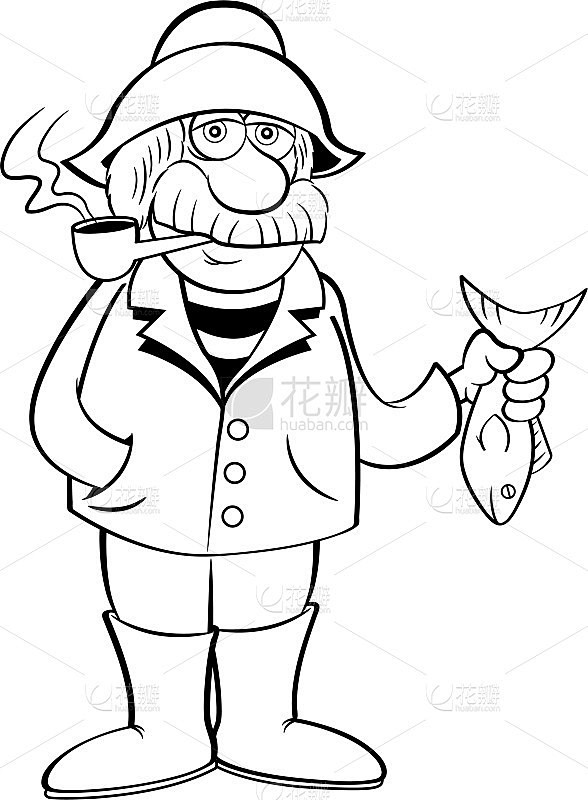 Cartoon old sea captain holding a fish.