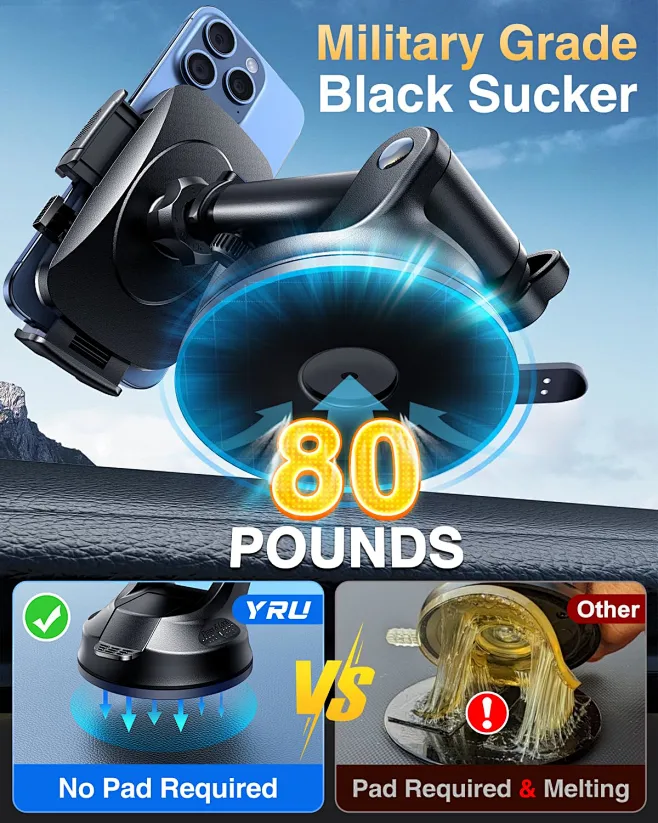 Amazon.com: YRU 2024 Car Phone Holder Mount【Over 80LBS Strongest Suction & Hook Vent 】 Cell ...