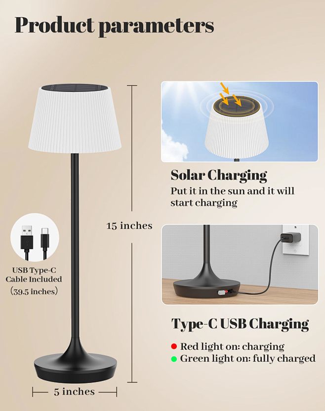 QiMH Cordless Table Lamps, Rechargeable Outdoor Solar LED Table Lamp ...