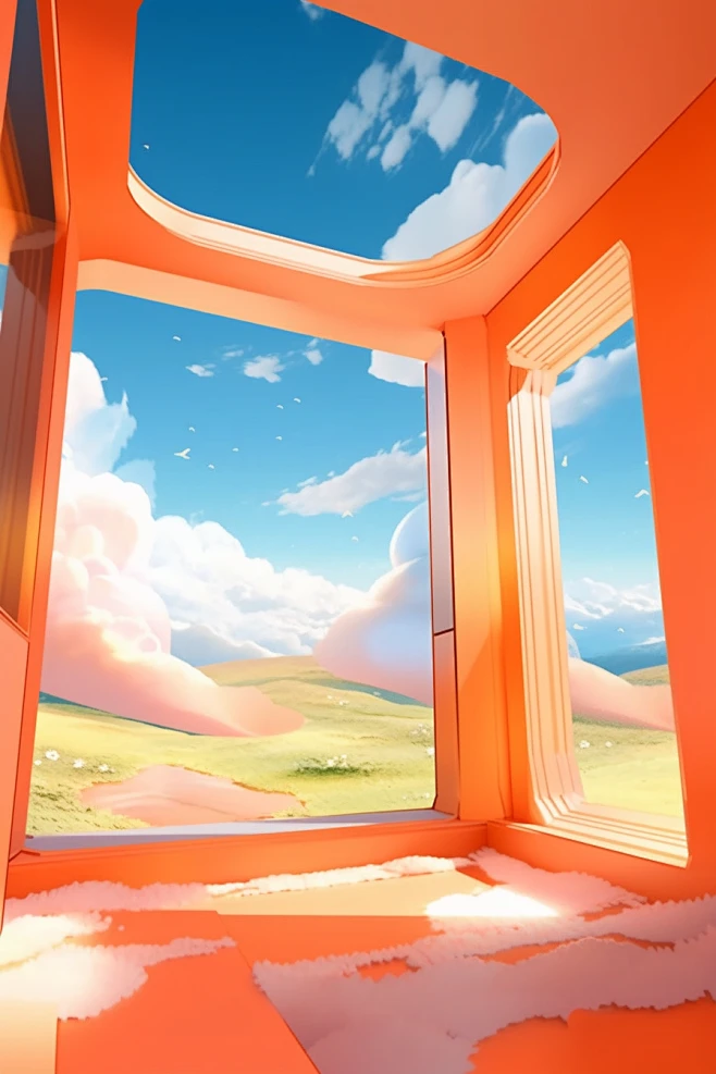 an orange room has two windows that open up into a scene, in the style ...