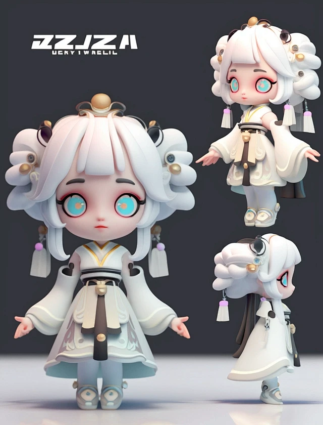 Three views,front view,left view,back view, box style girl, full body ...